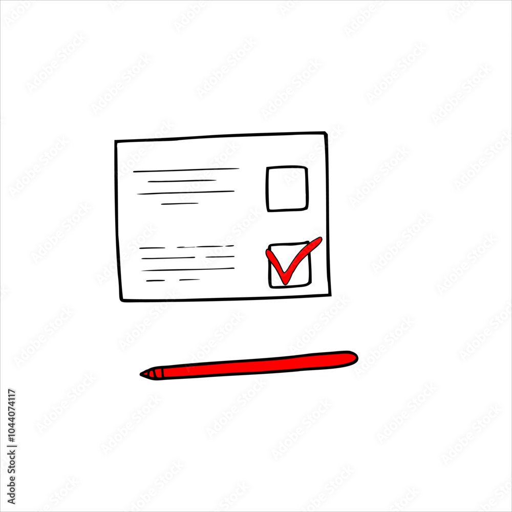 Paper sheet with red check mark and marker vector sketch in black and ...