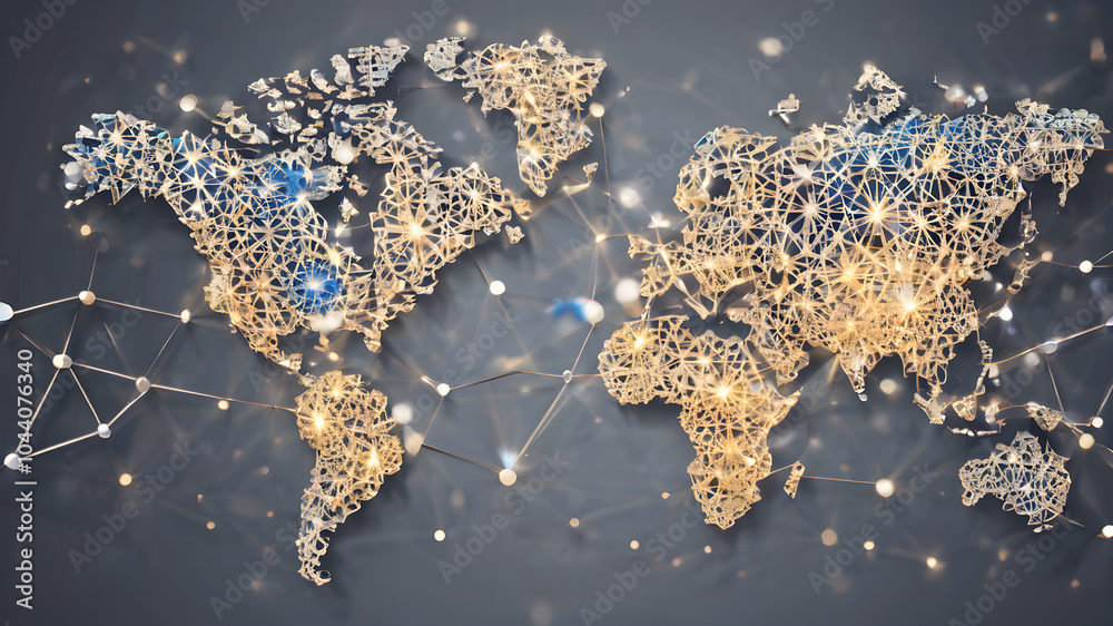 Polygonal mesh network map of world of lines and points, dots and ...