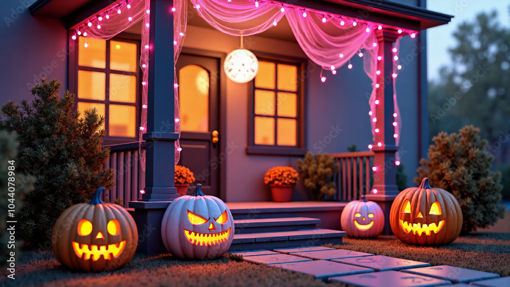 Halloween spooky scary front porch entryway decor scene with glowing ...