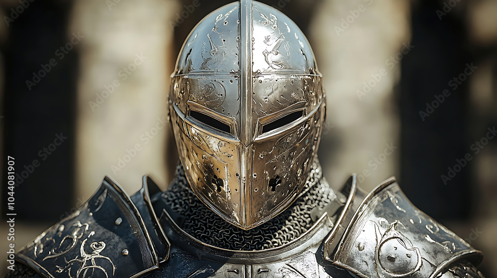 A detailed European medieval knight armor displayed in museum setting ...