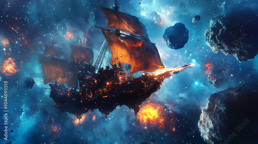 Classic pirate ship in space, crew with laser swords, asteroid islands ...