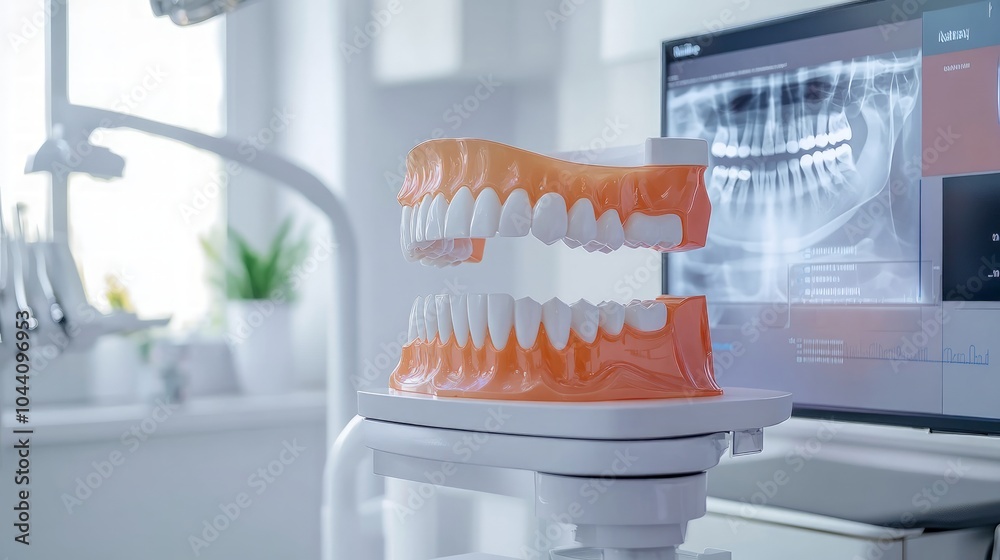Modern Dental Clinic with Advanced Technology, Featuring Holographic X-Ray Displays and 3D Tooth ...