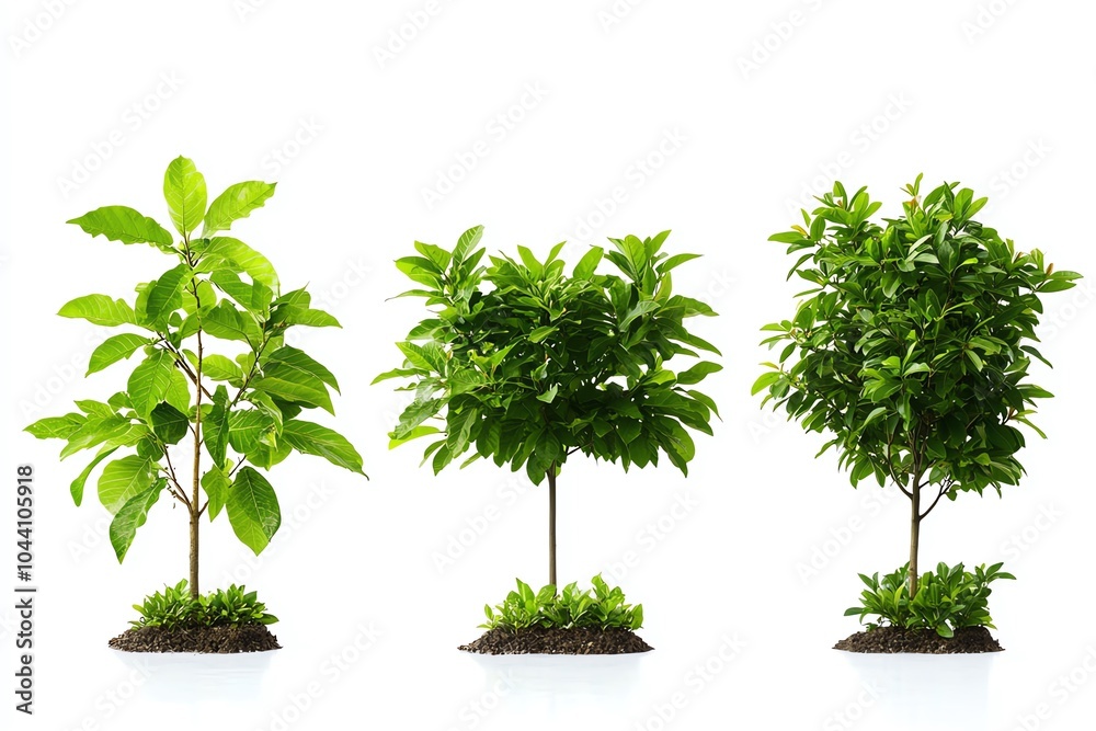 Three young trees in a row on white background, showcasing growth ...