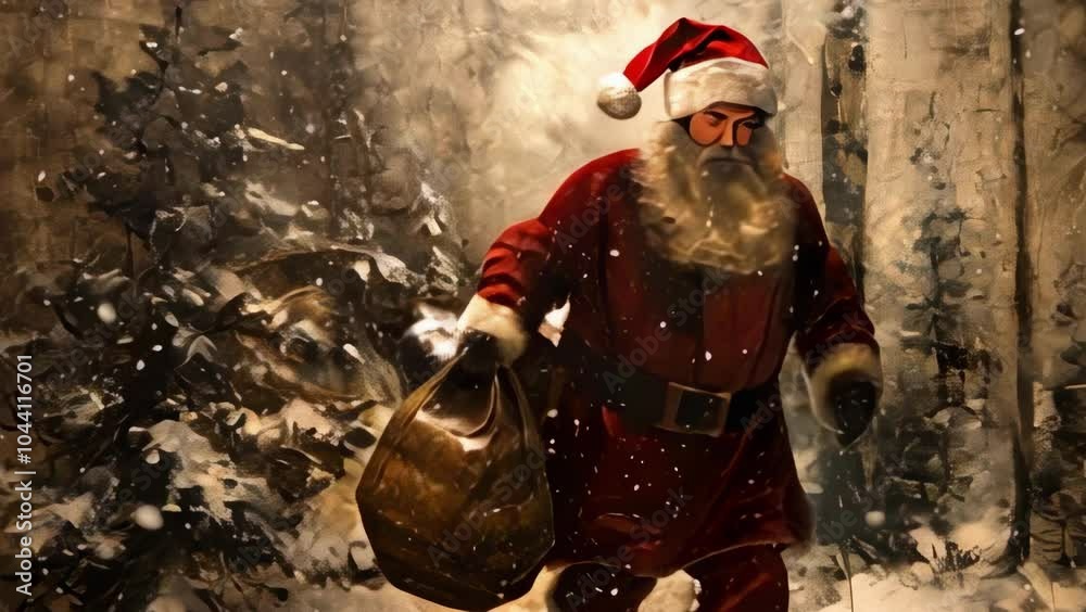 Santa Claus walking through snowy winter forest at night carrying ...