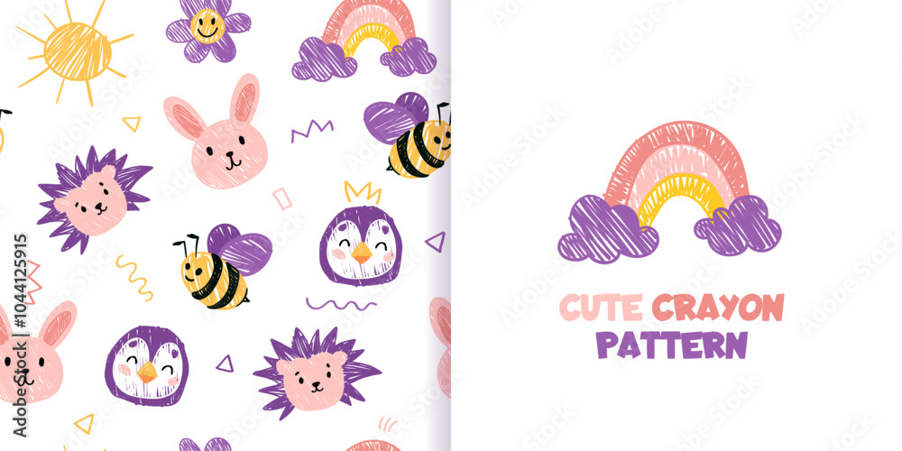 Cute crayon pattern, baby animal illustrations, kids doodle scribbles ...