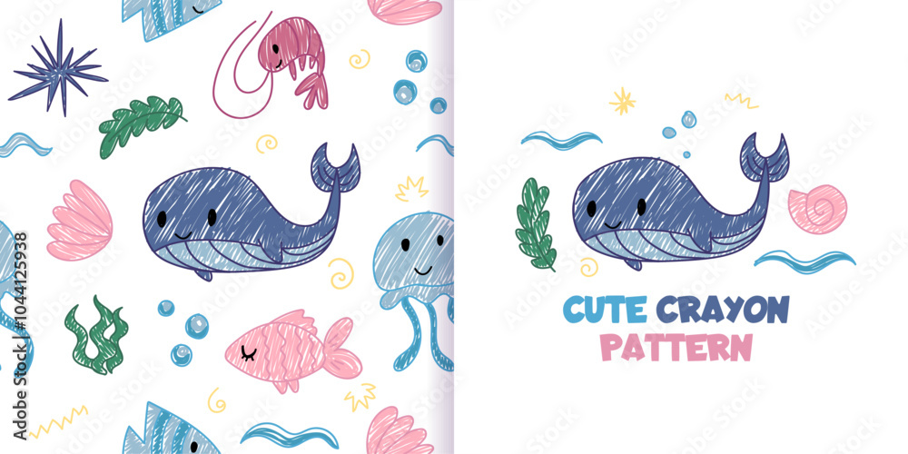 Cute crayon sea pattern, baby animal ocean illustrations, kids doodle ...