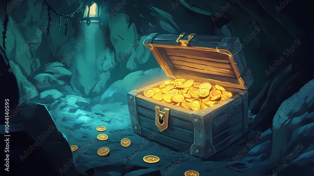 Treasure chest, a treasure chest filled with glowing gold coins ...