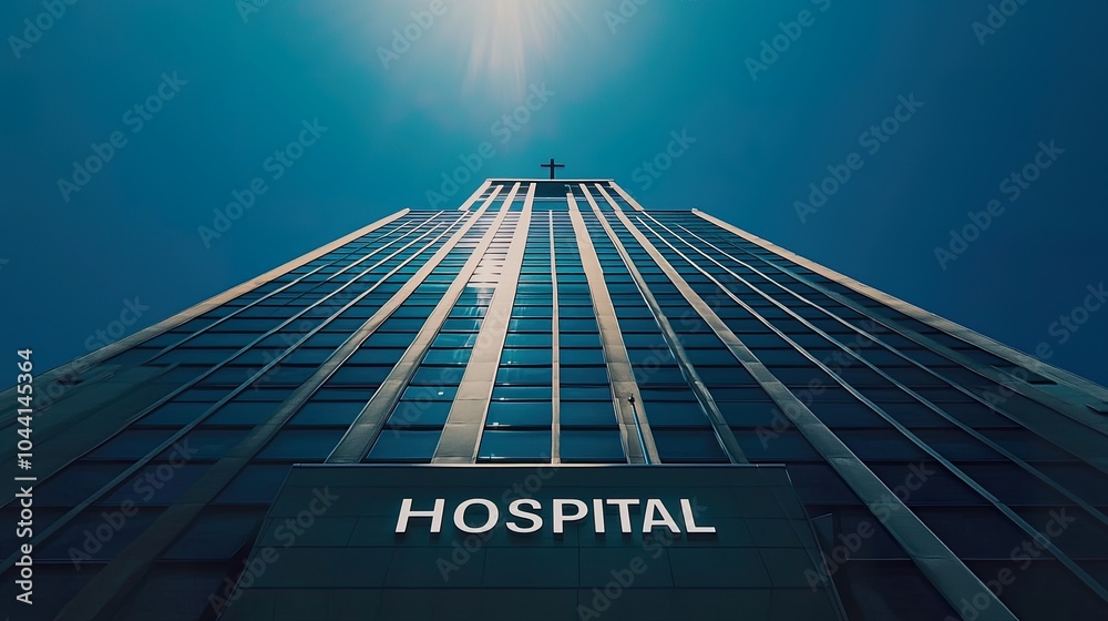 A tall hospital building rises under a clear blue sky, with the ...