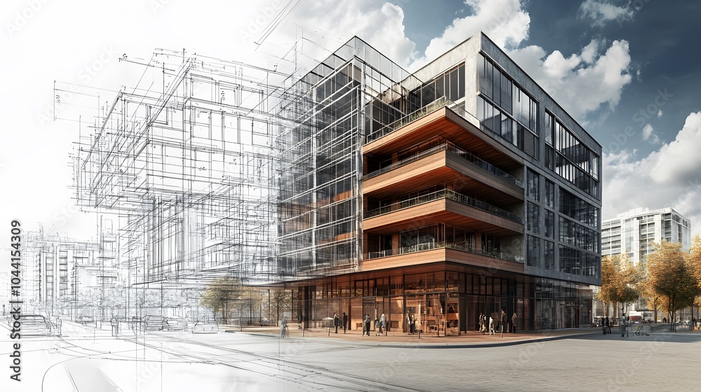 the left half displays architectural blueprints in classic drafting ...