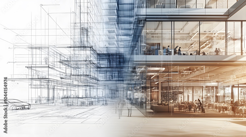 the left half displays architectural blueprints in classic drafting ...