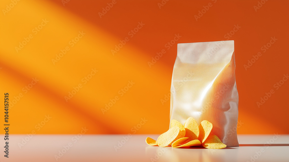 A stylishly designed potato chips bag standing upright on a white ...