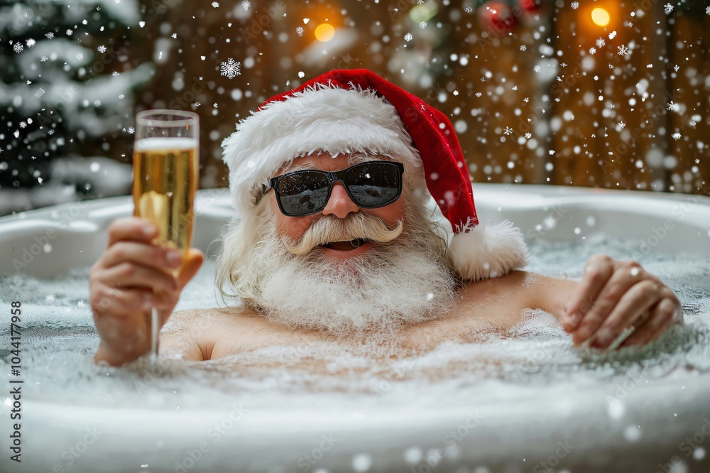 Santa Claus wearing sunglasses is enjoying a relaxing soak in a hot tub ...