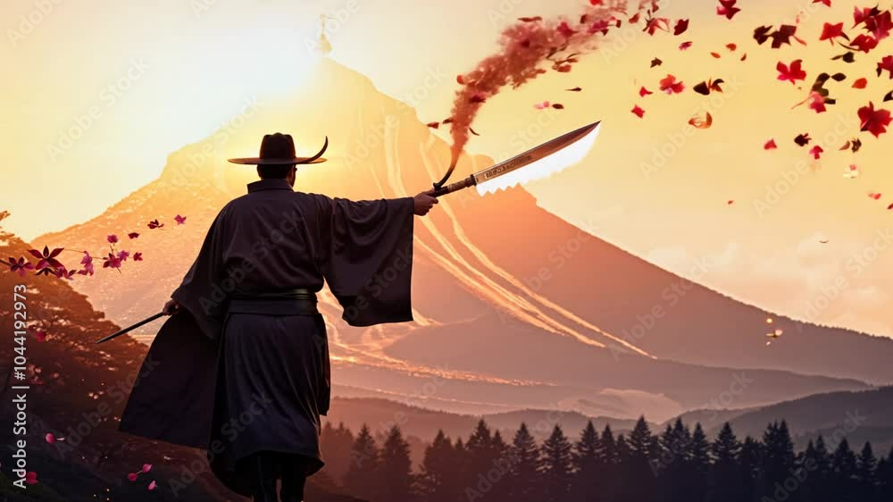 sword Samurai mountain background flying front katana warrior sun 4K ...