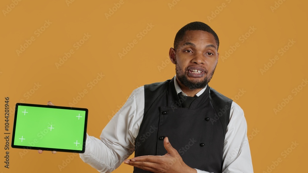 Catering employee presenting an isolated chroma key display while he ...