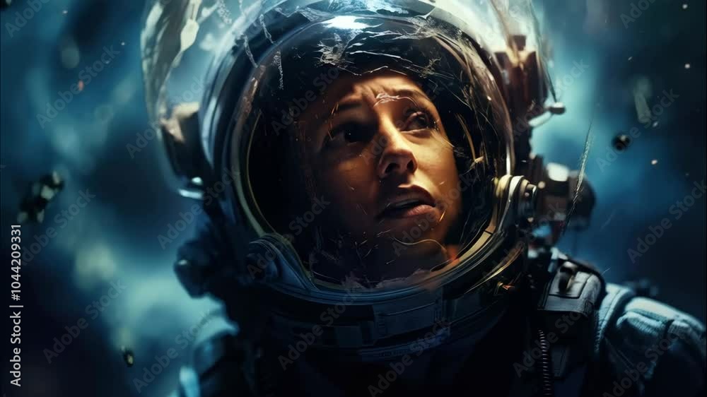 Female astronaut floating outside a spaceship in outer space. Woman in ...