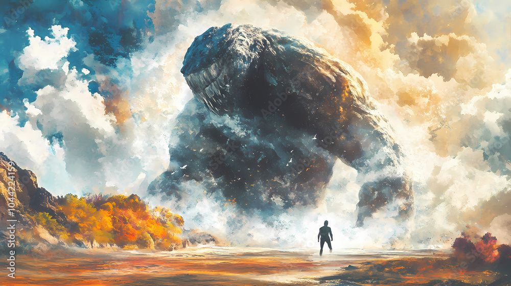 A colossal figure rises from the ground, breaking through the earth ...