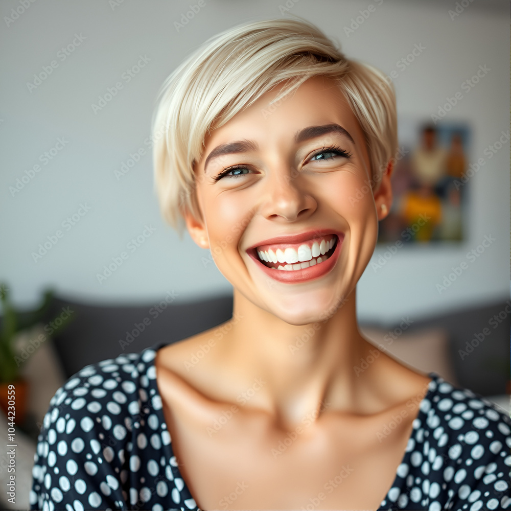 Attractive woman with short fair hair being very glad smiling with ...