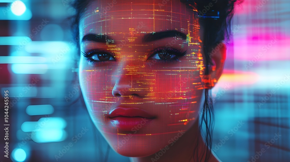 A woman's face split between reality and digital recognition overlay ...