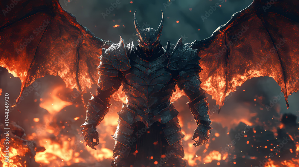 Demon lord in armor with dragon wings surrounded by the fires of hell ...
