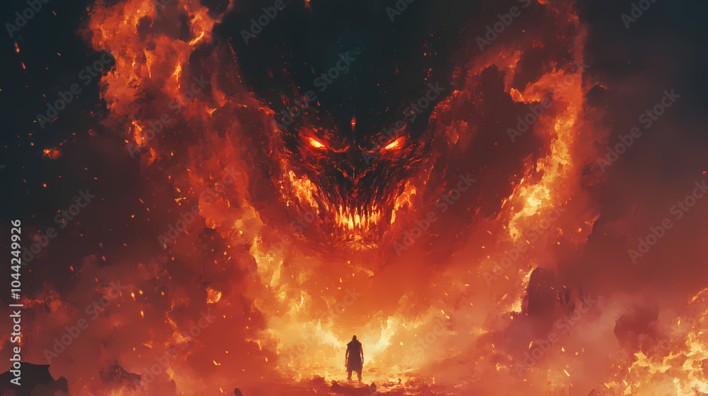 Demon lord in fiery realm. Demonic Overlord. Illustration Stock ...
