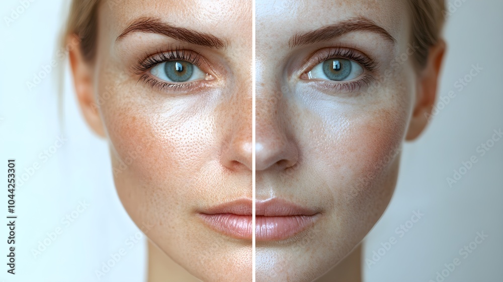 Detailed comparison of a patient's face, highlighting sagging skin ...
