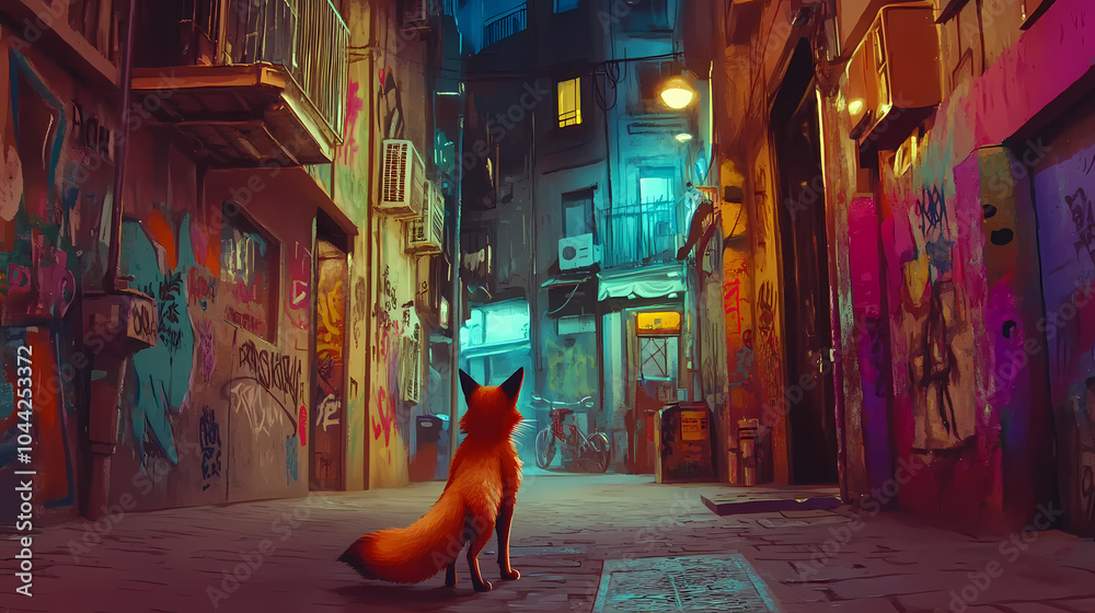 Low-angle view of a fox exploring a vibrant urban street, graffiti art ...