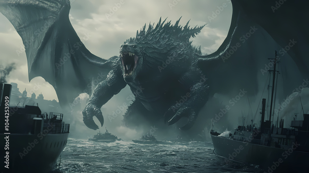 Godzillas with long wings and large sharp fangs are shown in this scene ...