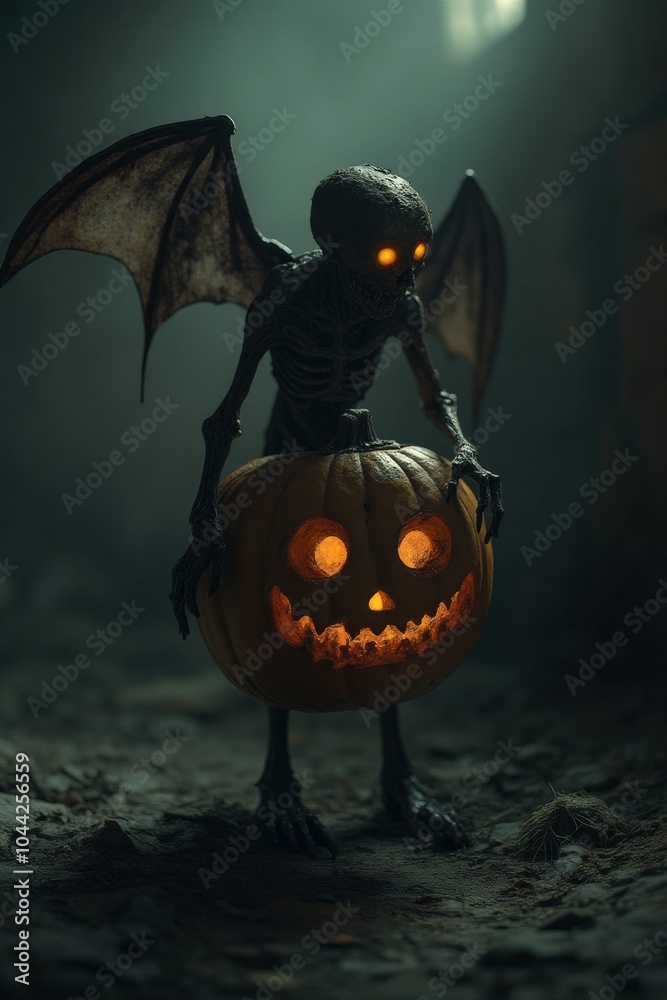 Terrifying Pumpkin-Headed Halloween Monster with Glowing Eyes in Dark ...