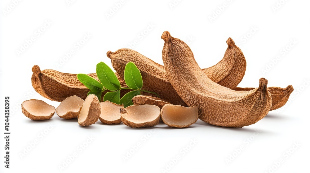 Macro view of tamarind pods, cracked open to reveal seeds, isolated on ...