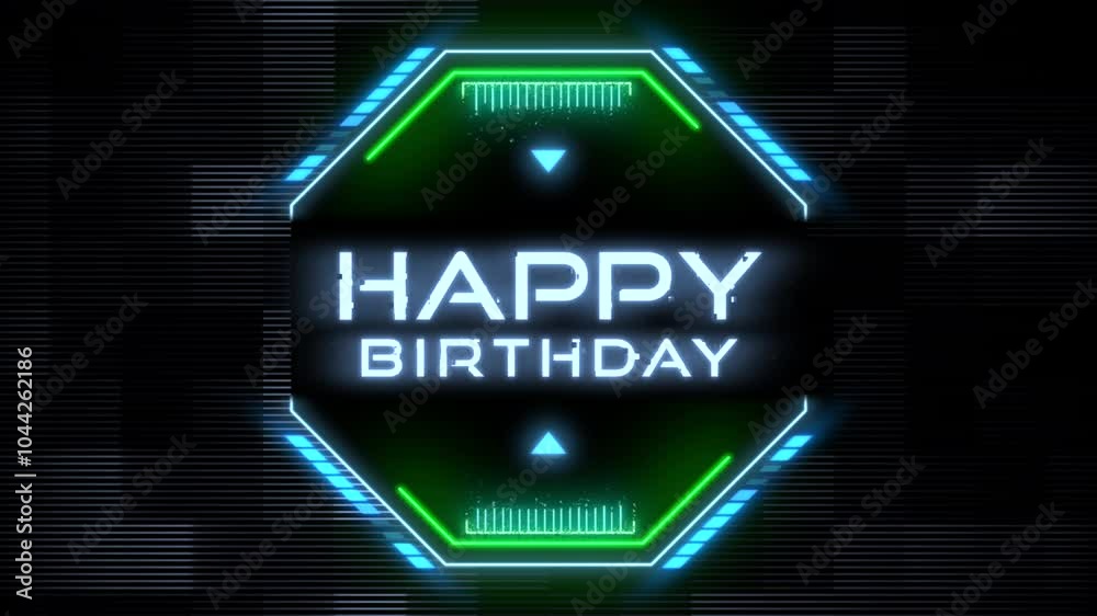 Neon Happy Birthday sign with green and blue lines forming a cake shape ...