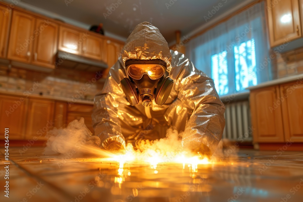 Exterminator in PPE Suit Spraying Poisonous Gas in Kitchen to Control ...