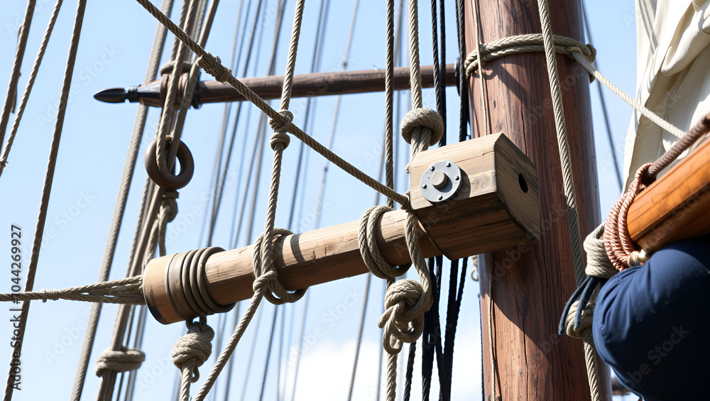Parts of an old wooden deadeye on the shrouds of a sailing schooner ...