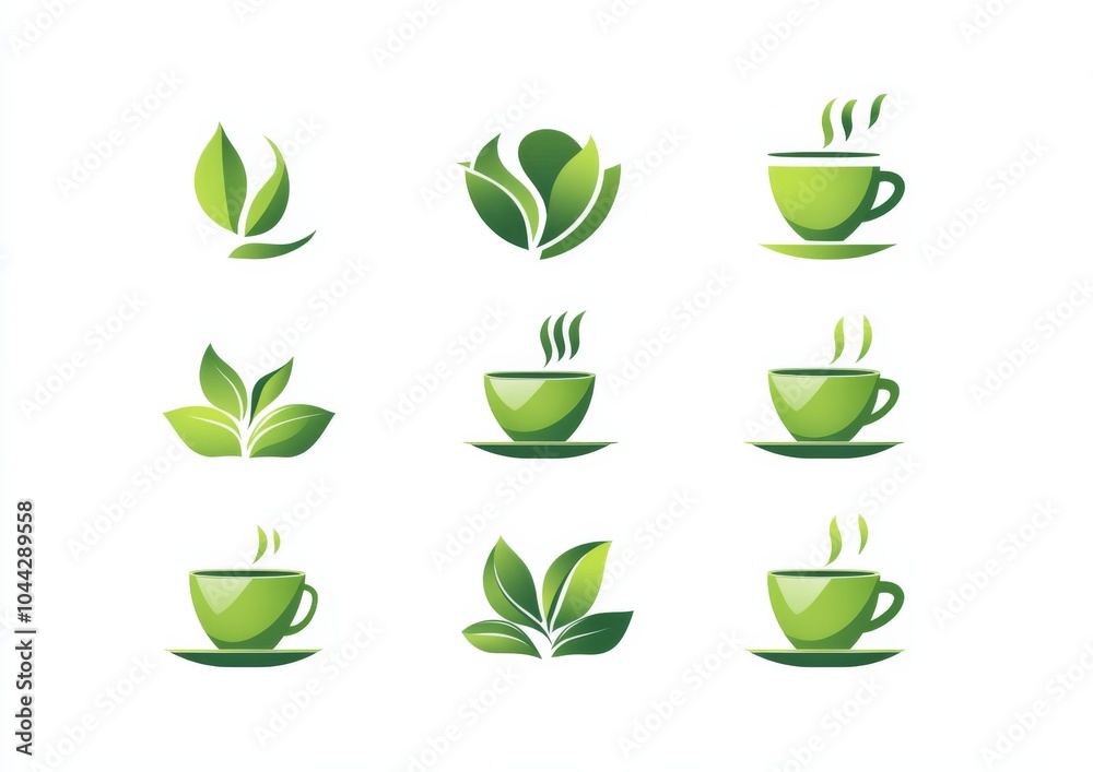 Elegant Set of Tea Logo Designs Featuring Tea Leaves and Cups in a High ...