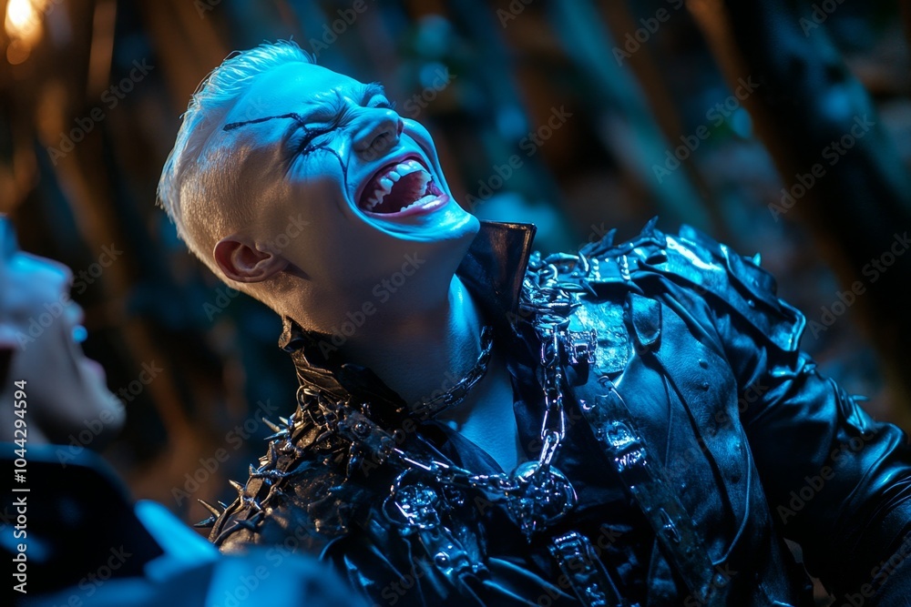 Dark, gothic figure laughing with a friend in a shadowy forest, with ...