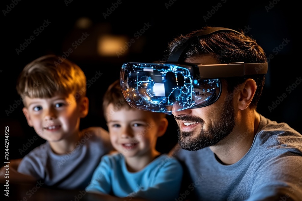 Futuristic family celebrating a milestone with holographic tech ...