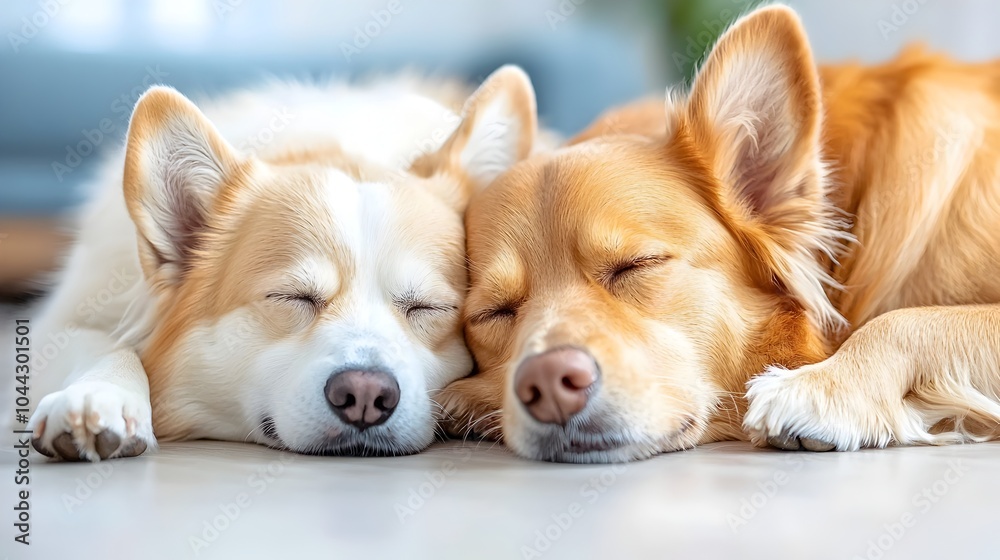 Two adorable dogs resting together on the floor their noses touching in ...
