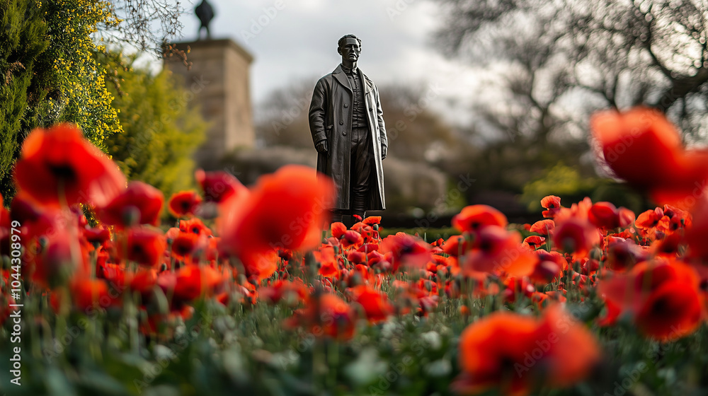 Memorial Day, a garden with thousands of red poppies in bloom, a bronze ...