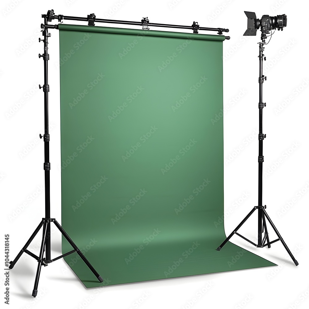 green screen backdrop with stand setup on an isolated pure white ...