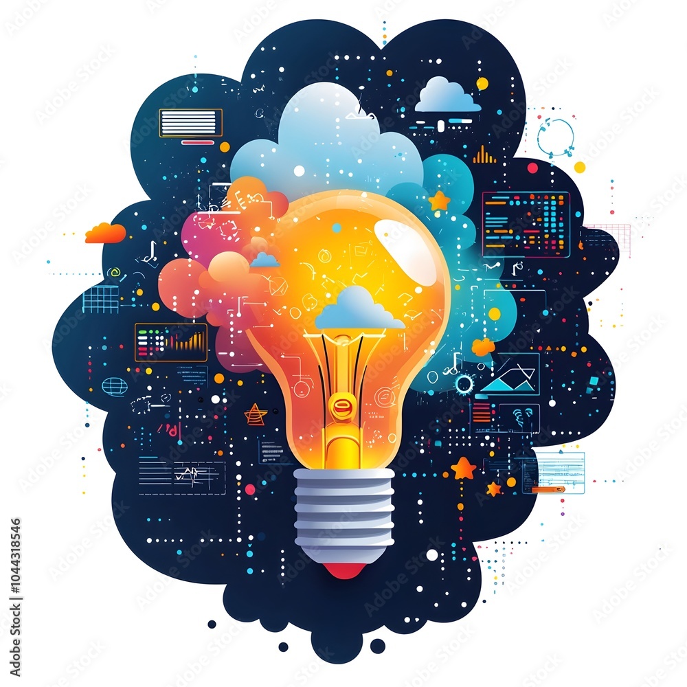 of a lightbulb morphing into a computer representing the fusion of ...