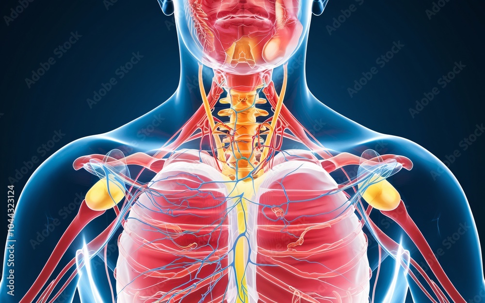 3D medical illustration of the human chest, showing the respiratory and ...