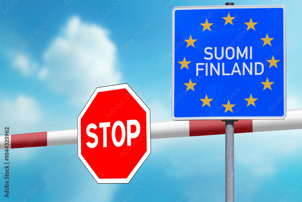 Stop sign, barrier and control at the border with Finland Stock ...