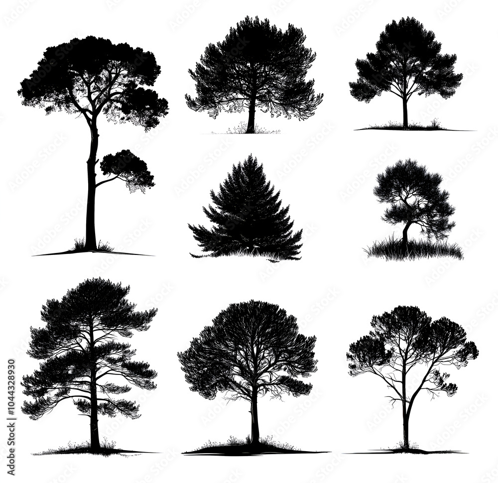 Set of black pine tree silhouettes on a white background, in a clip art ...