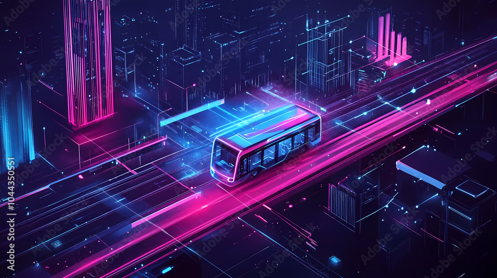 Photo & Art Print Ai-driven bus rapid transit, holographic route map ...