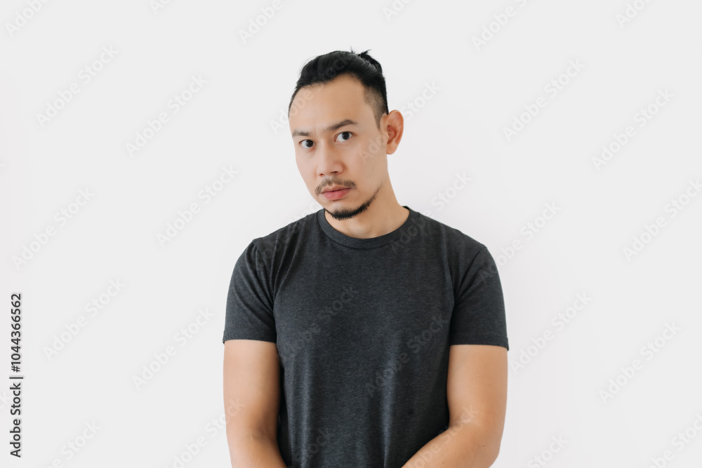 Normal face Asian freelance man bun hair in black on white. Stock Photo ...