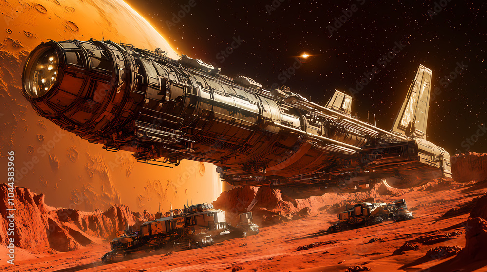 Large spaceship is hovering over a red planet with an outpost and ...