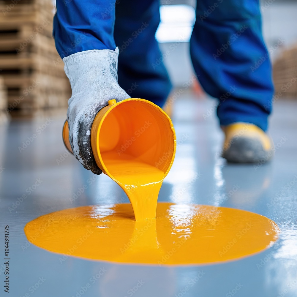 Worker spills bright orange paint on the floor, creating a vibrant ...