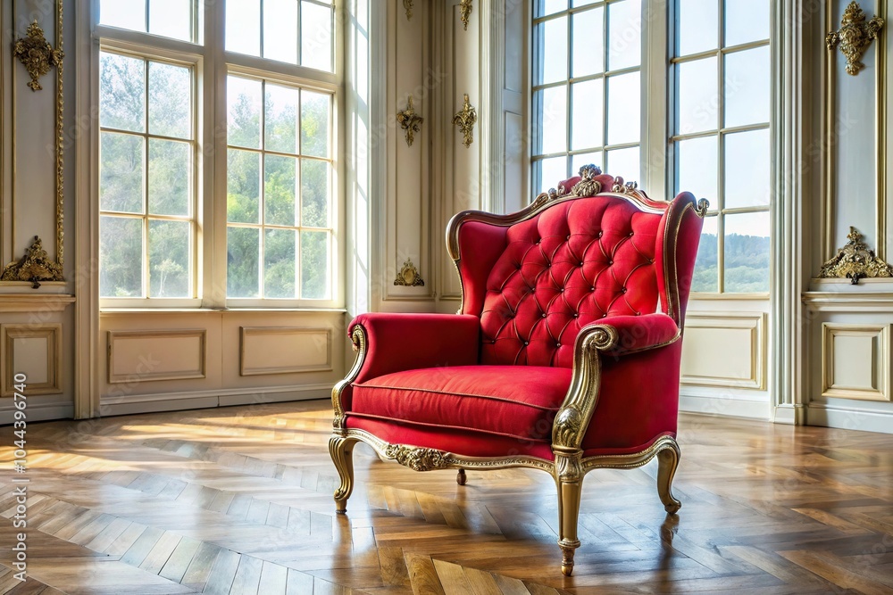 Red luxury chair in a kingdom with large window behind it, tilted angle ...