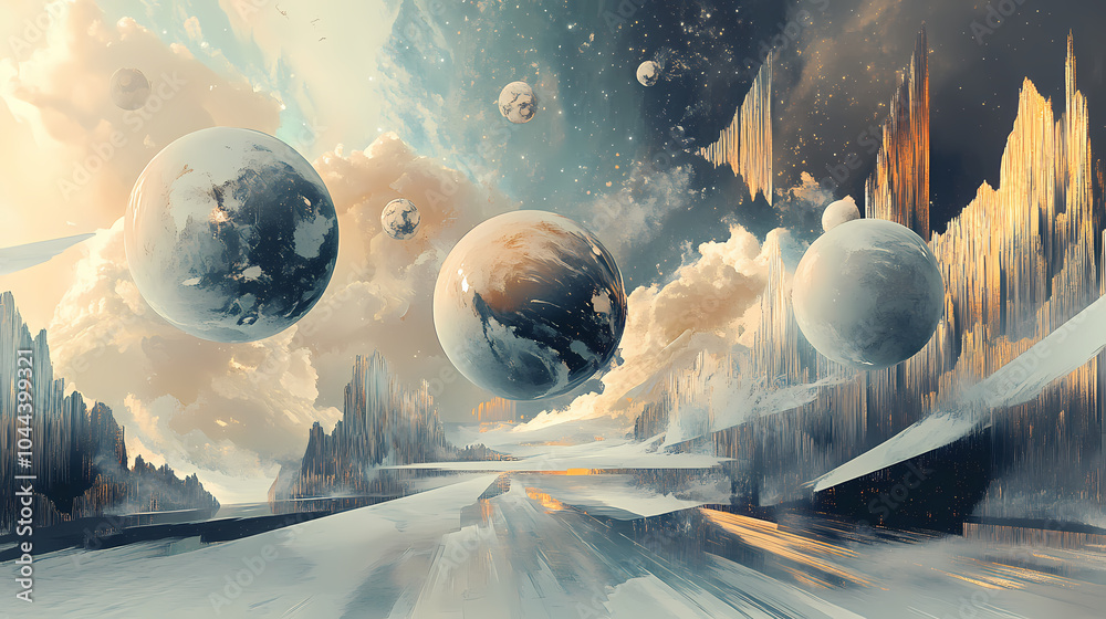 Surreal digital dreamscape with floating shapes and morphing textures ...