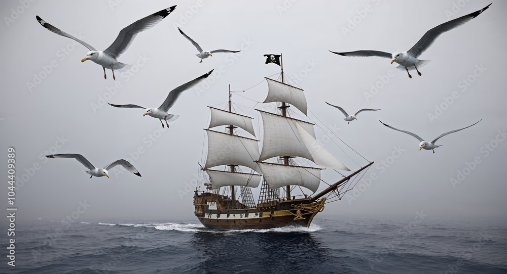 Seagulls soaring above a pirate ship navigating through foggy waters ...