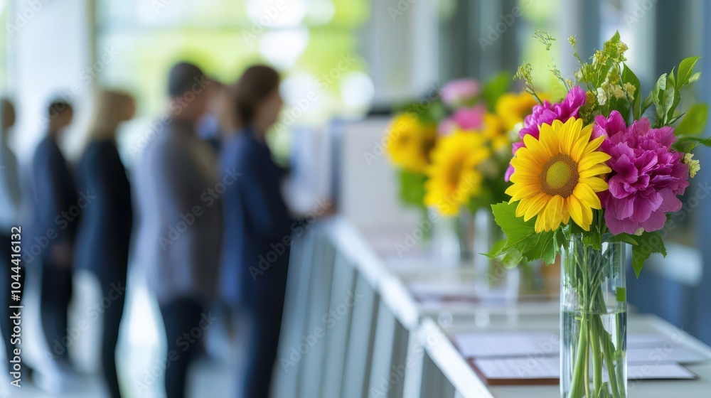 Citizens waiting in line to vote at a polling station, bright natural ...